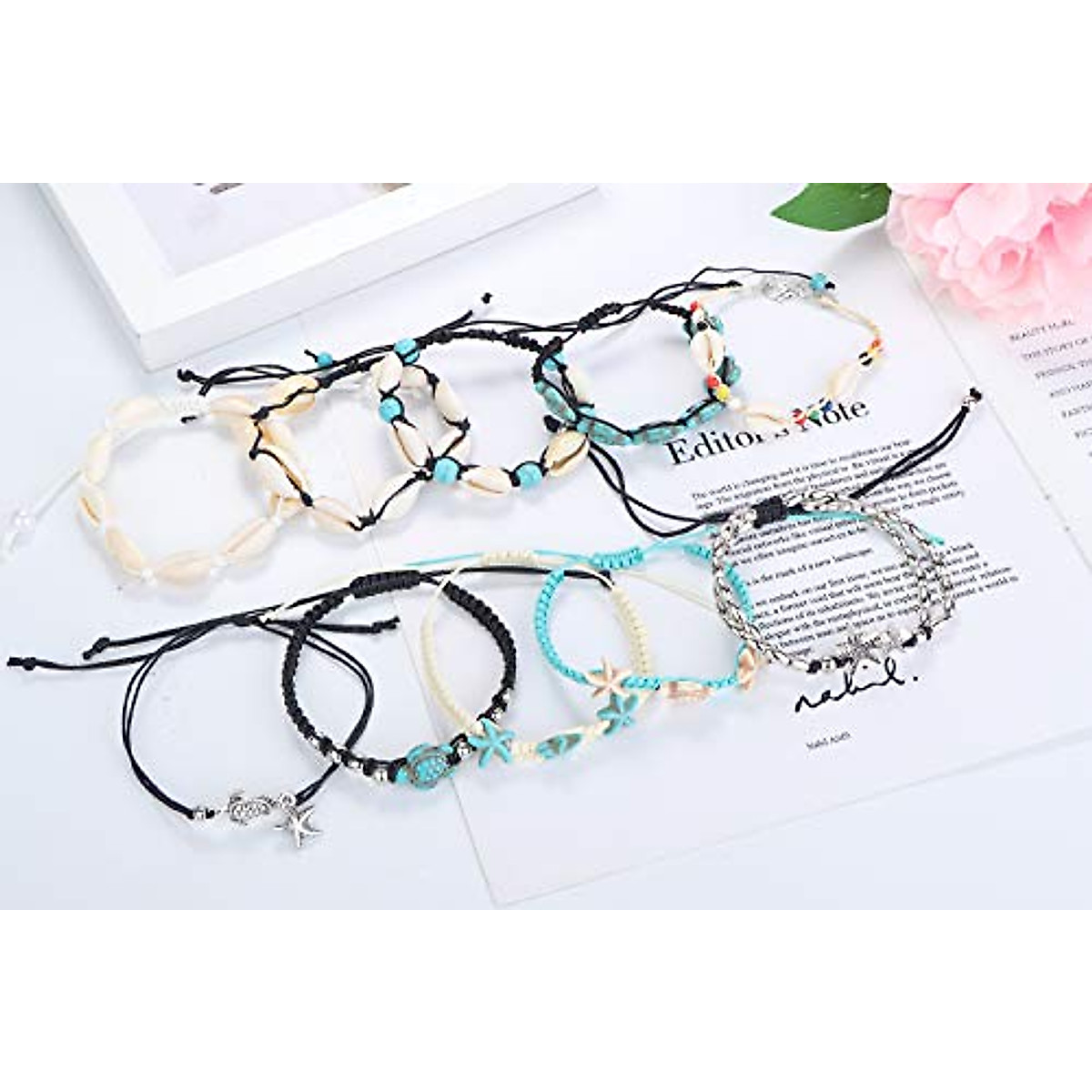 LOYALLOOK 10PCS Shell Turtle Ankle Bracelets Handmade Boho Anklet Jewelry Adjustable Natural Cowrie Shell Beach Bead Anklet for Women