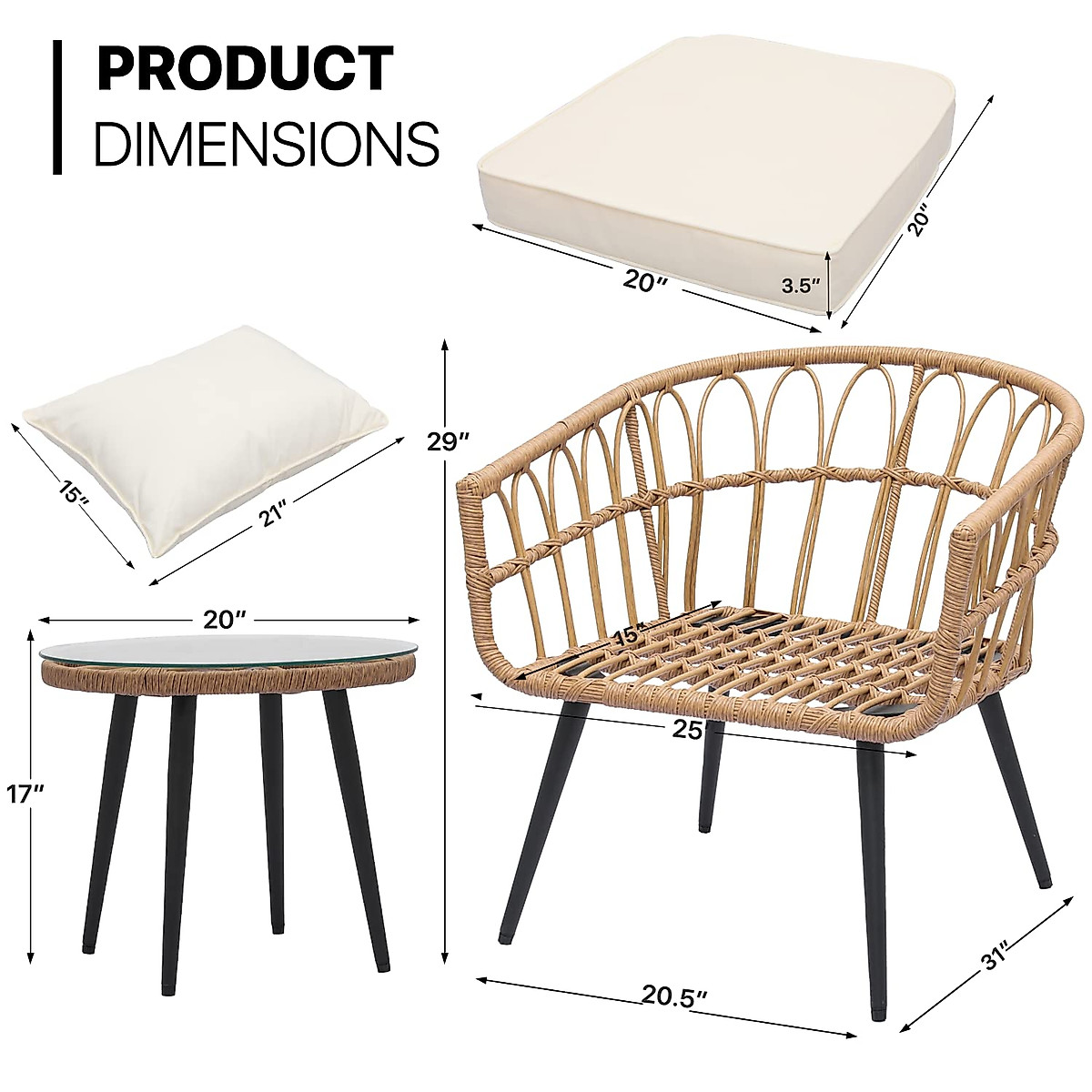 MoNiBloom 3 Piece Patio Conversation Bistro Set, Outdoor All-Weather Wicker Furniture Rattan High Back 2 Chair and Side Table for Porch Backyard Garden, Capacity 250 lbs, Natural