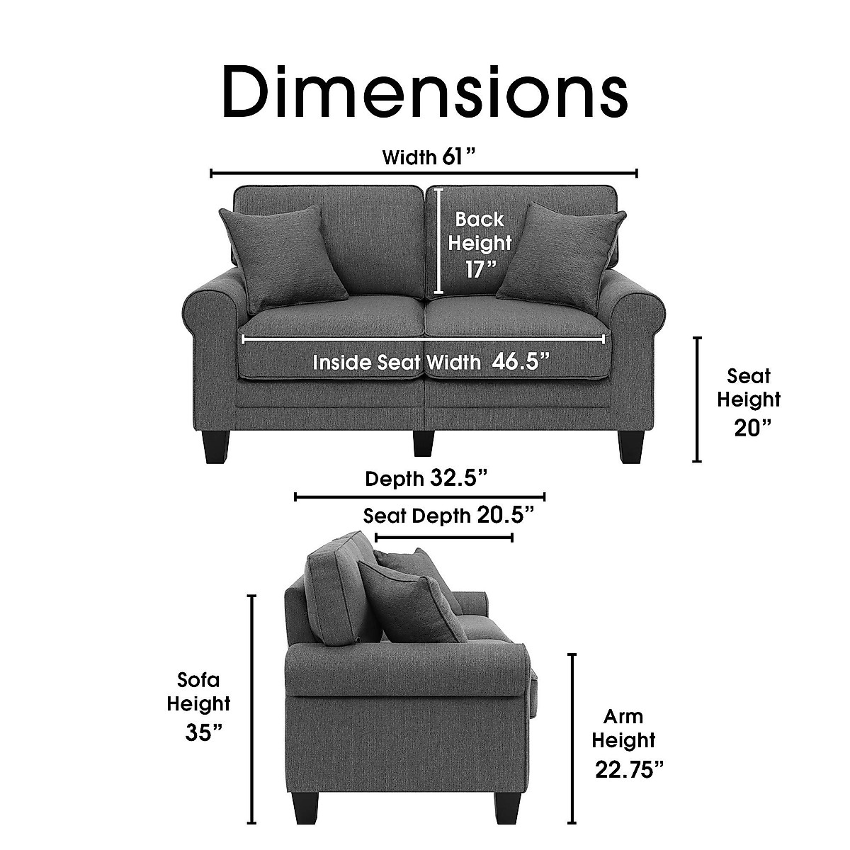 Serta Copenhagen Love Seats, 61" Loveseat, Dark Gray