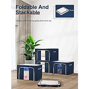 2-Pack Clothes Storage Container Set - Homlab 72L x 2 Closet Organizer Boxes With Steel Frame, Foldable Large Blanket Bins, Thick Oxford Fabric, Waterproof, Clear Window, Reinforced Handle, Zipper (Blue)