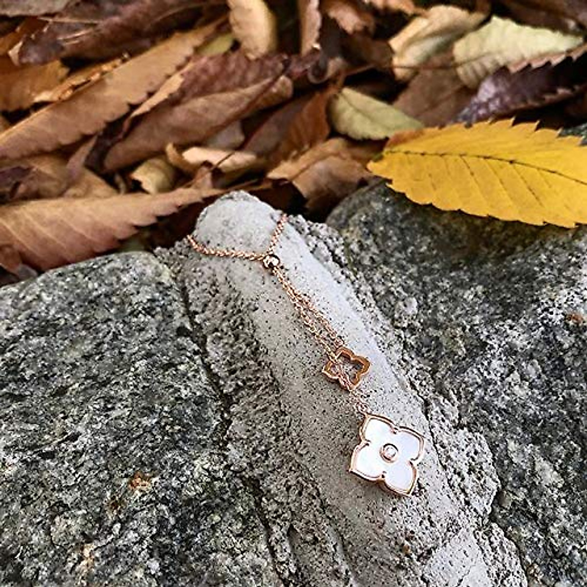 Lavari Jewelers Mother of Pearl and Cubic Zirconia Double Flower Pendant Necklace for Women - Rose Gold Plated 925 Sterling Silver Necklace for Her - 16 to 18 Inch Adjustable Chain - CZ Spring Ring