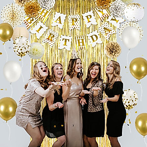 Gold Birthday Decorations Happy Birthday Party Decorations Set with Gold Birthday Banner, Gold White Yellow Balloons Paper Pom Poms, Gold Tassel Garland for Women Grils Kids Birthday Party Supplies