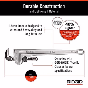 RIDGID 31105 Model 824 Aluminum Straight Pipe Wrench, 24-inch Plumbing Wrench, grey