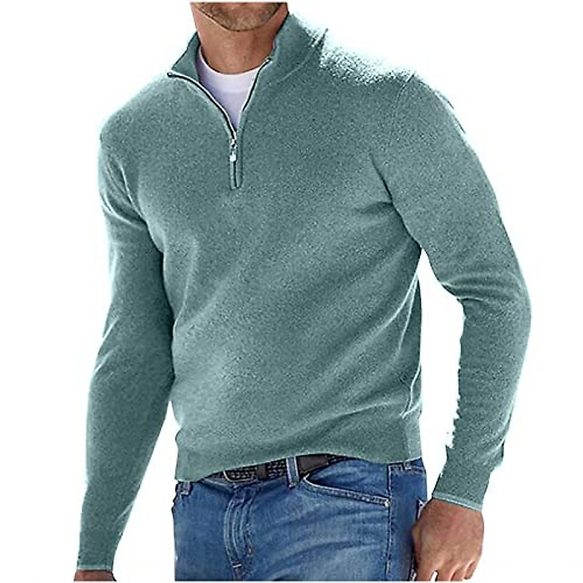 Men's Quarter Zip Pullover Premium Cashmere Long Sleeve Lightweight Mock Neck Shirt Tops Comfort Golf Running Sweatshirt Green
