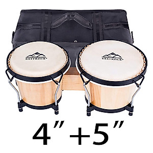 EASTROCK Hand Held Tambourine Ring 3 Packs and Bongos Drum 4”+5” Set Wood Percussion Instruments