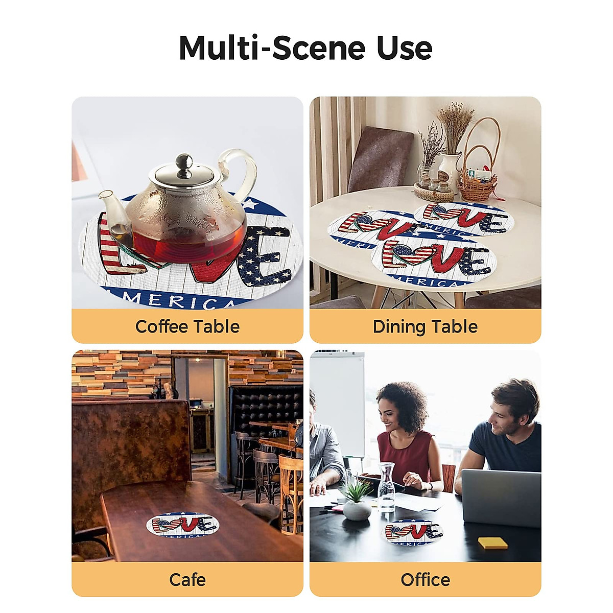 Round Placemats for Dining Table Set of 6 American Flag Patriotic Stars July 4th Place Mats Circle Woven Placemat Love American Wooden Patriotic Braided Table Mat for Kitchen Dinner Party 13 Inch