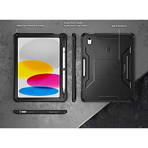 Poetic Revolution Case Designed for iPad 10.9 10th Gen (2022), Full-Body Rugged Shockproof Protective Cover with Kickstand and Built-in-Screen Protector, Only Applicable to iPad 10th Generation, Black