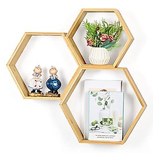 HEOMU Hexagonl Floating Shelves Wall Mounted Natural Bamboo Farmhouse Storage Honeycomb Wall Shelf Set of 3, for Bedroom Living Room Nursery Wall Decor(Natural Color)