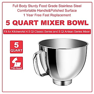 5 Quart Stainless Steel Mixer Bowl for KitchenAid Classic&Artisan 4.5-5 QT Tilt-Head Mixer, Fits for K45SS, KSM70, KSM90 KSM150, KSM155, KSM165, Polished Surface, Dishwasher Safe