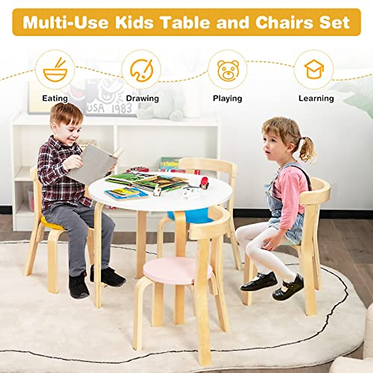 HONEY JOY Kids Table and Chair Set, Bentwood Toddler Round Table and 4 Chairs for Craft Art, Building Block, 5-Piece Children Furniture Set for Daycare, Kindergarten, Playroom (Colorful)
