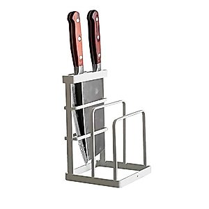 VANRA Metal Steel Cutting Board Holder Knife Block Kitchen Organizer Pantry Bakeware Rack Pan Pot Cover Lid Rack Stand (White)