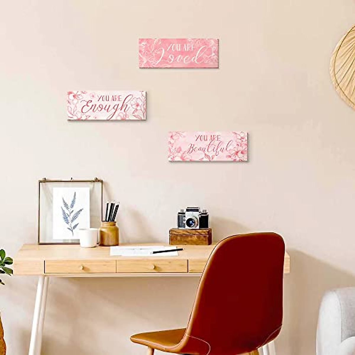 Pink Room Decor, Pink Wall Decor for Girls Bedroom, You Are Beautiful You Are Enough You Are Loved Sign, Positive Quotes Inspirational Wall Signs for Women, Wooden Hanging Wall Plaques