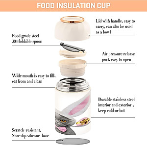 CUPADA Funny Cat Cute Food Jar, Bunny Rabbit Ears Insulated Hot Food Jars Vacuum 17OZ with Folding Spoon for Work Trip Picnic Camping