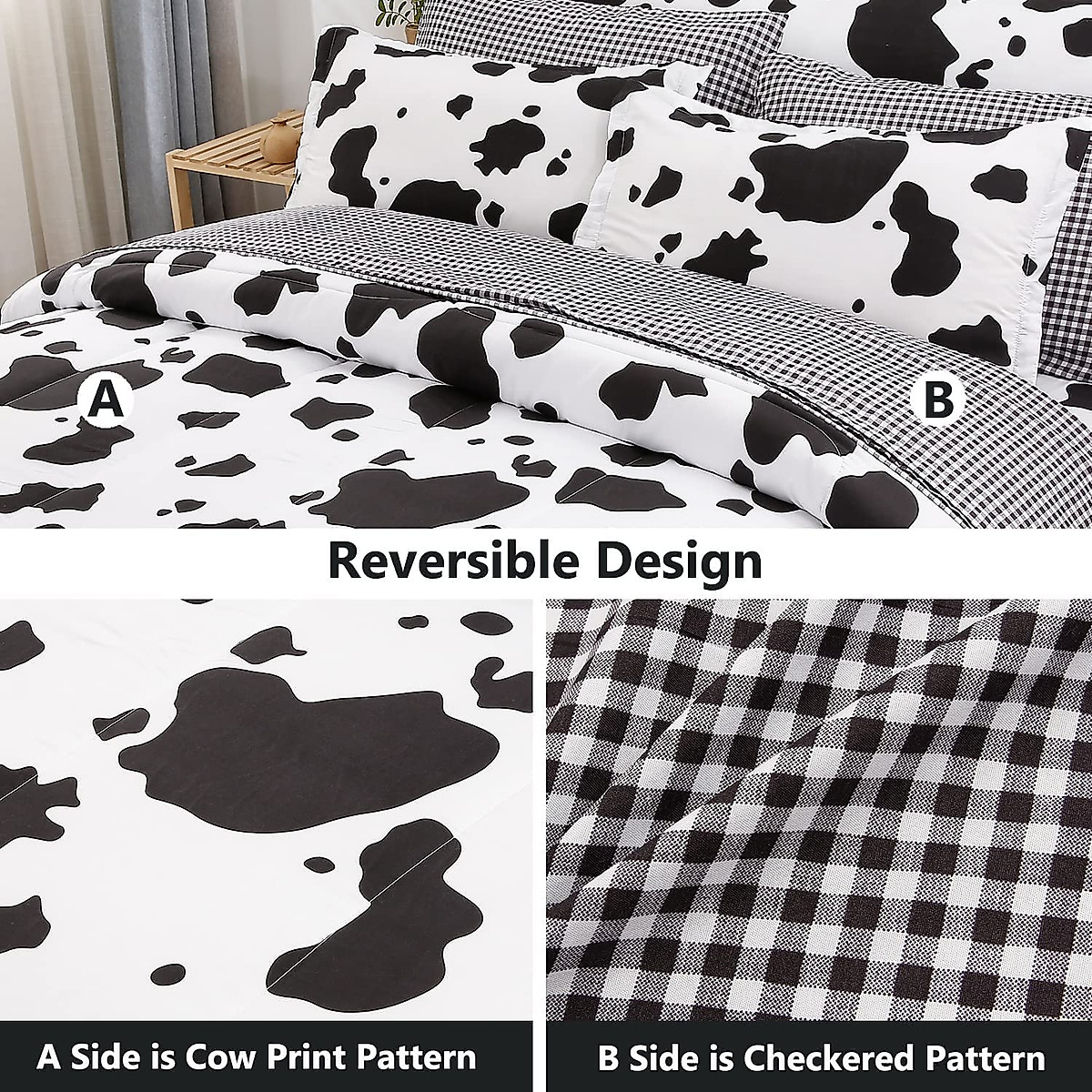 PERFEMET Cow Print Boys Comforter Set Full Size, 3-Piece Black White Geometric Kids Girls Bedding Set, Reversible Plaid Teen Boy Bed Sets with Pillowcases (Full, Black and White)