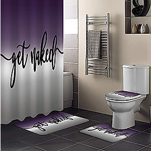 Purple and Grey Get naked Bathroom Shower Curtain Sets with Rugs, Funny Bathroom Decor Sets with Non-Slip Rugs and Toilet Lid Cover, Bath Mats, 36x72in Waterproof Shower Curtains with 12 Hooks