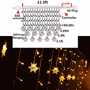 Senofun Snowflakes LED Curtain Lights Color Changing 11.5ft 16 Snowflakes Fairy Lights 80pcs LED Snowflake Lights for Home, Church, Wedding, Birthday (Snowflakes-Warm White)