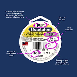 19 Strand Stainless Steel Bead Stringing Wire.015 in (0.38 mm), Satin Silver, 30 ft (9.2 m)