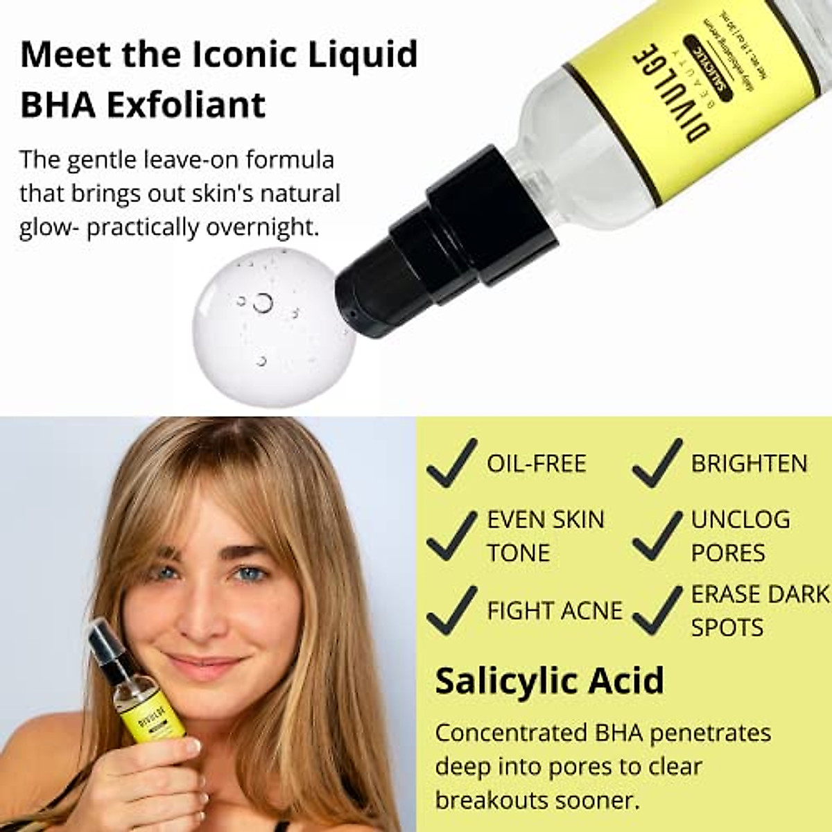 BHA 7% Salicylic Acid Serum Daily Exfoliant Acne Treatment Clearing Gel for Blackheads, Zits, Oily Skin, Dark Spot Treatment, Anti Aging, Face Blemishes, Pimple Treatment 1 oz - Divulge Beauty