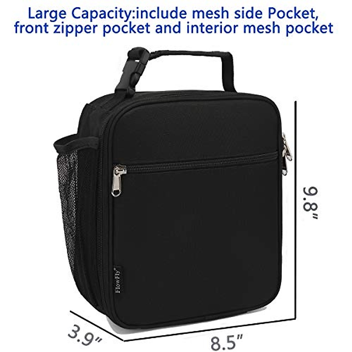 FlowFly Kids Lunch Box Insulated Letter Print Soft Bag Mini Cooler Back to School Thermal Meal Tote Kit for Girls, Boys, Black