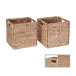 Villacera 12-Inch Square Handmade Wicker Storage Bin Foldable Basket made of Water Hyacinth | Set of 2