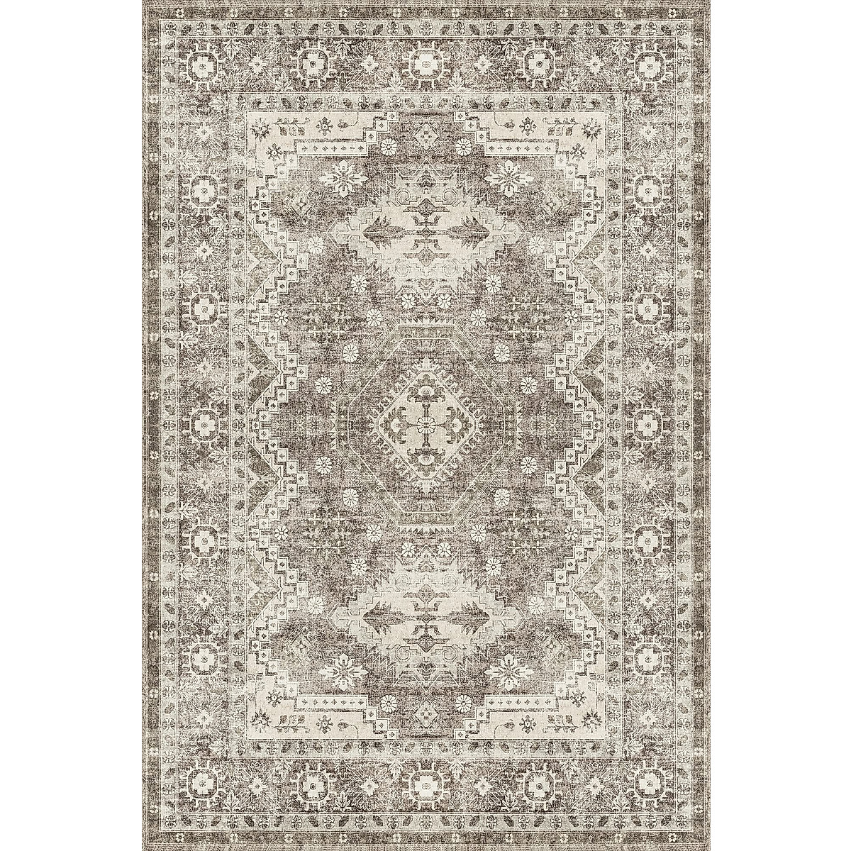 Rugland 5x7 Area Rugs - Stain Resistant Washable Rug, Anti Slip Rugs for Living Room, Vintage Tribal Area Rugs(TPR07-Ivory, 5'x7')