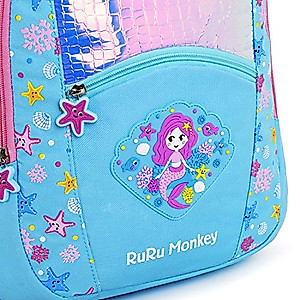 RuRu monkey Kids Backpack for Girls - Perfect for Kindergarten, Preschool & Lower Elementary Students (Ages 4-10) - Mermaid Kids Bookbag - Medium (16.5" Tall)