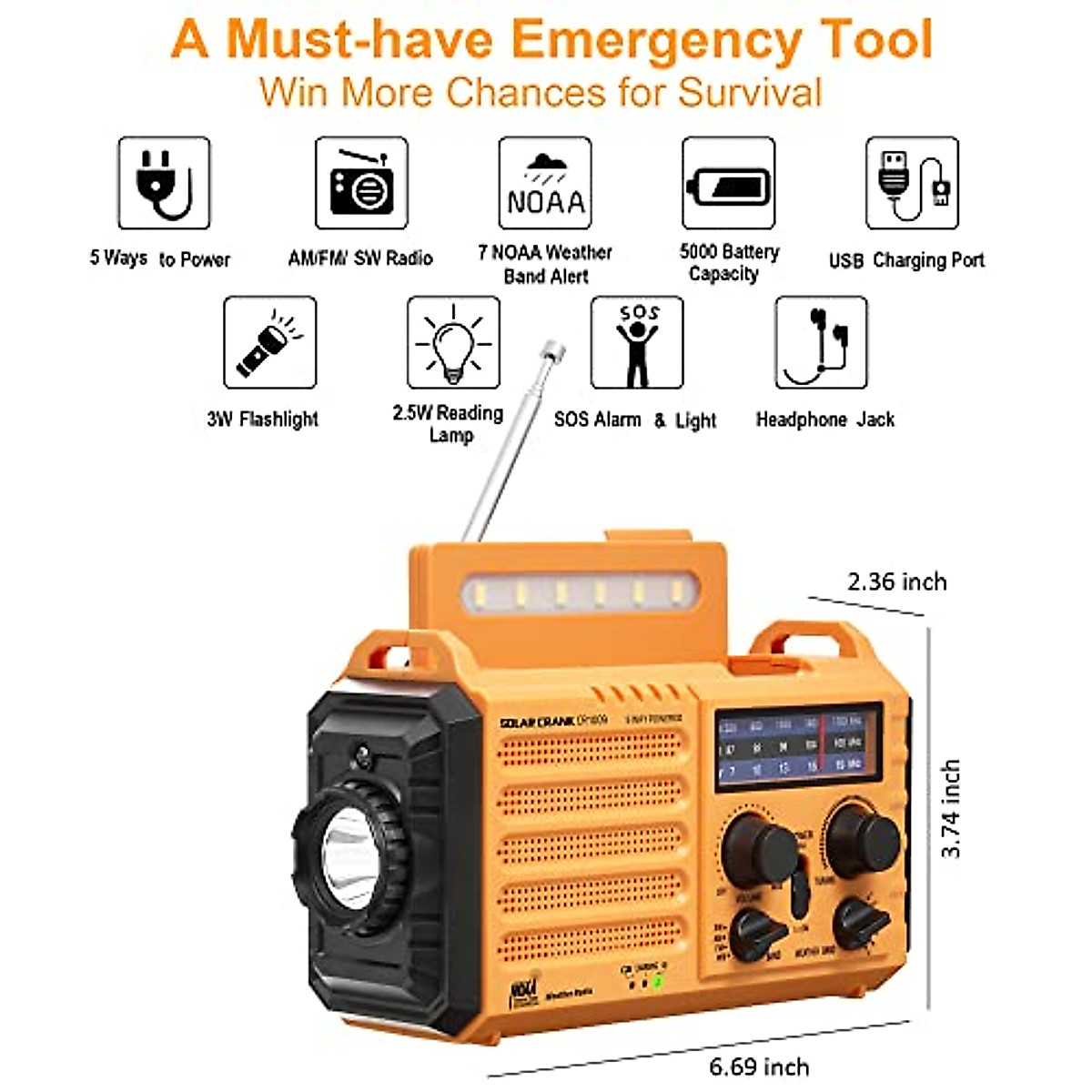 Emergency Radio 5000 Hand Crank Solar Weather Radio,5-Way Power AM/FM/SW/NOAA Survival Portable Radio with Camping Flashlight,Power Bank Phone Charger,Reading Lamp,SOS Alarm Survival Equipment,Compass