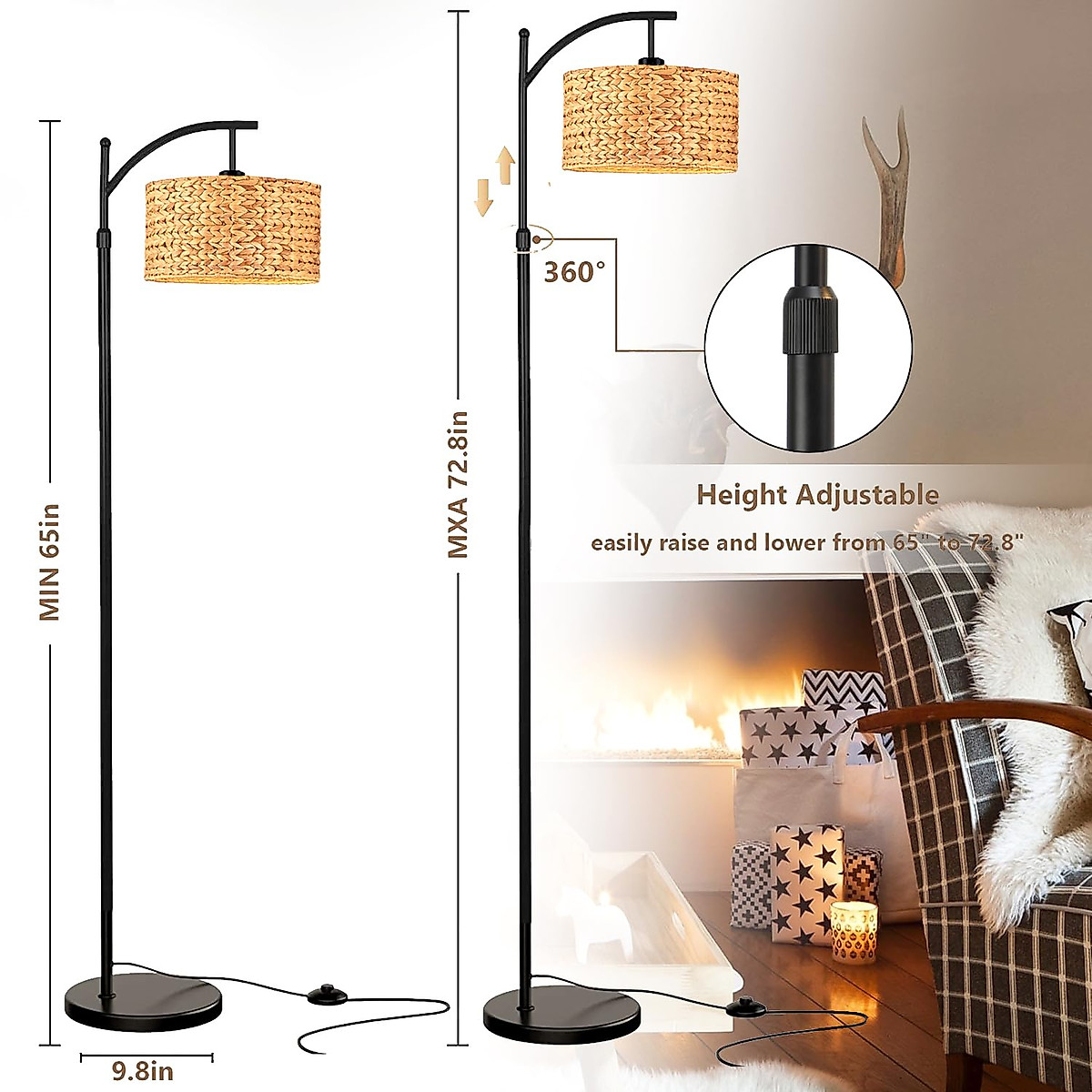 QIYIZM Floor Lamp for Living Room Bedroom Farmhouse Arc Rattan Boho Standing Lamp with Remote Dimmable Black Wicker Bamboo Lamp Shade Floor Light Adjustable Tall Lamp Industrial Floor Lamps Bohemian