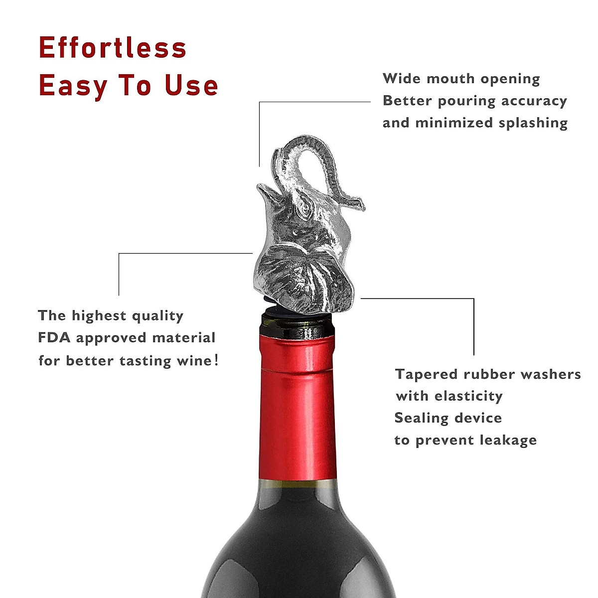 Stainless Steel Elephant Wine Pourer - wine aerators pourer for Robust Red and White Wine - Pour Amore Bottle Pourer/Stopper & Wine Air Diffuser (Silver elephant)