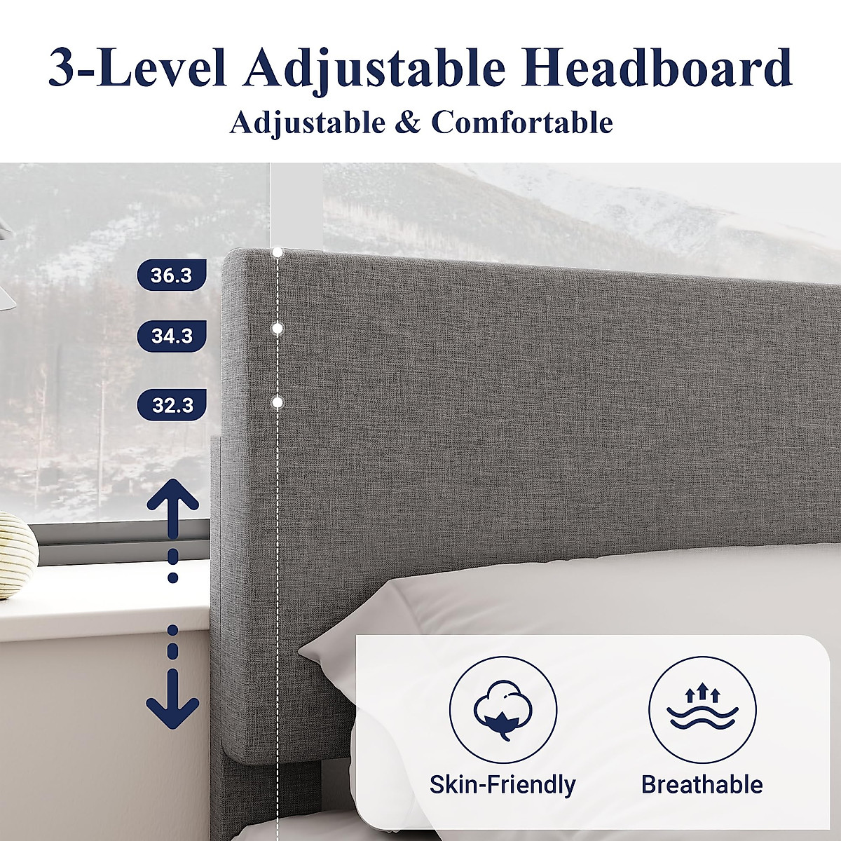 Allewie Queen Bed Frame with Upholstered Adjustable Headboard, Platform Bed with Wood Slats, Heavy Duty Mattress Foundation, No Box Spring Needed, Easy Assembly, Light Grey