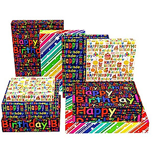 THMORT Birthday Wrapping Paper for Kids, Boys&Girls, Adults.Gift Wrapping Paper sheet With Black Background, Rainbow Star Stripe Happy Birthday for Baby Shower,Pack of 12 Sheets 20 X 29 Inch.