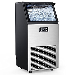 Ice Maker Commercial Ice Machine Self Clean, 100lbs/24H 45 Cubes per Batch in 11-18 Minutes 33lbs Storage Bin, Advanced LCD Panel w/Clear Indicators, Freestanding for Restaurant/Home/Food Truck