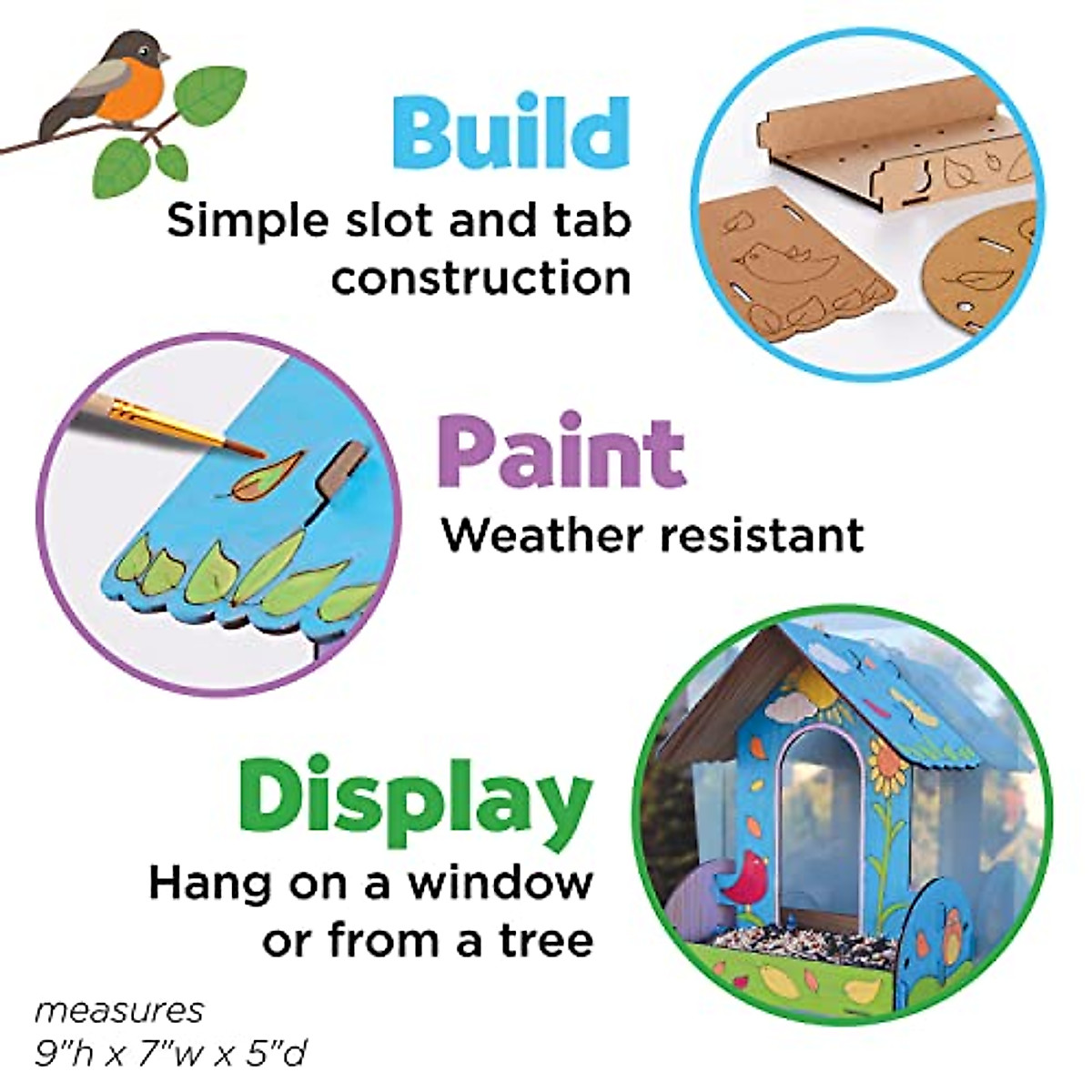 Creativity for Kids Build and Paint Bird Feeder Wood Craft Kit - DIY Bird House Kit for Children, Outdoor Activities for Kids Age 6+,Yellow,orange,blue,white,green,violet