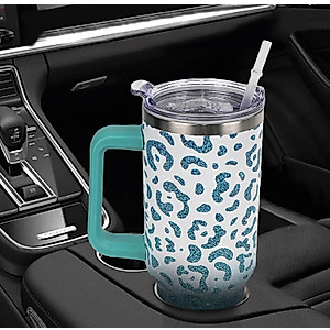 Rcvlauf 40oz Tumbler with Handle and Straw Leopard Tumbler Leak Proof Insulated Cup 40oz Mint Green Leopard Coffee Travel Mug Leopard Decor Stuff Gifts for Women