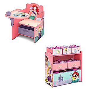 Delta Children Chair Desk with Storage Bin + Design and Store 6 Bin Toy Storage Organizer, Disney Princess (Bundle)