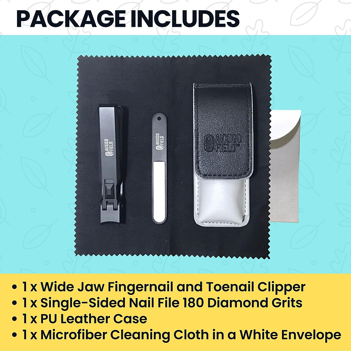 AVXIGO FIELD Ultra Sharp Sturdy Nail Clipper w/Catcher & Safety Lock, Wide Jaw Opening Curved Blade, Thick Fingernail Toenail Cutter - Comes w/Nail File, Microfiber Cloth & PU Leather Case (Black)