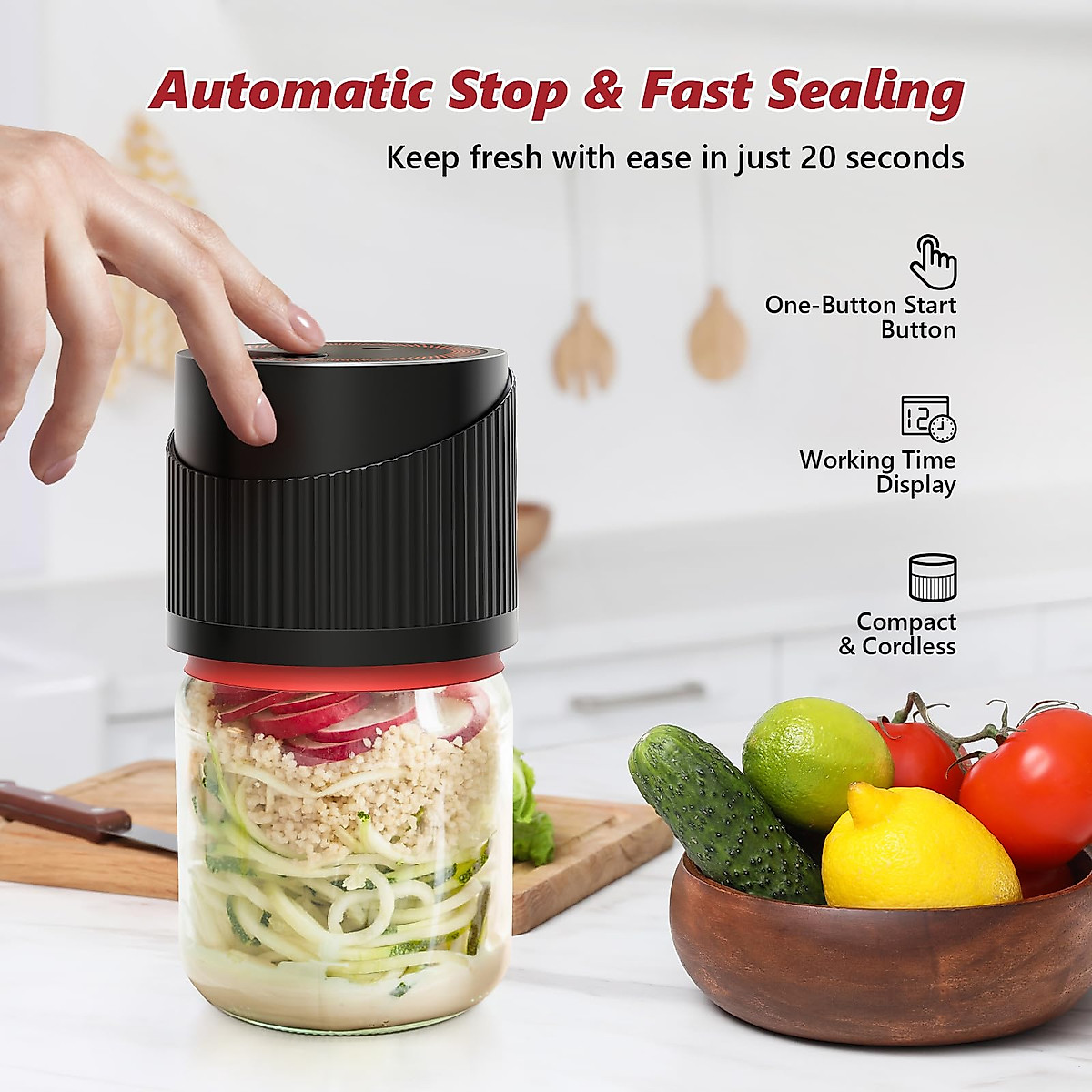 Electric Mason Jar Vacuum Sealer Kit, CooAoo 4 in 1 Jar Vacuum Sealer for Wide and Regular Mouth Mason Jars, Automatic Stop Vacuum Sealer for Jars Wine Bottle,Vacuum Bags Containers, Black