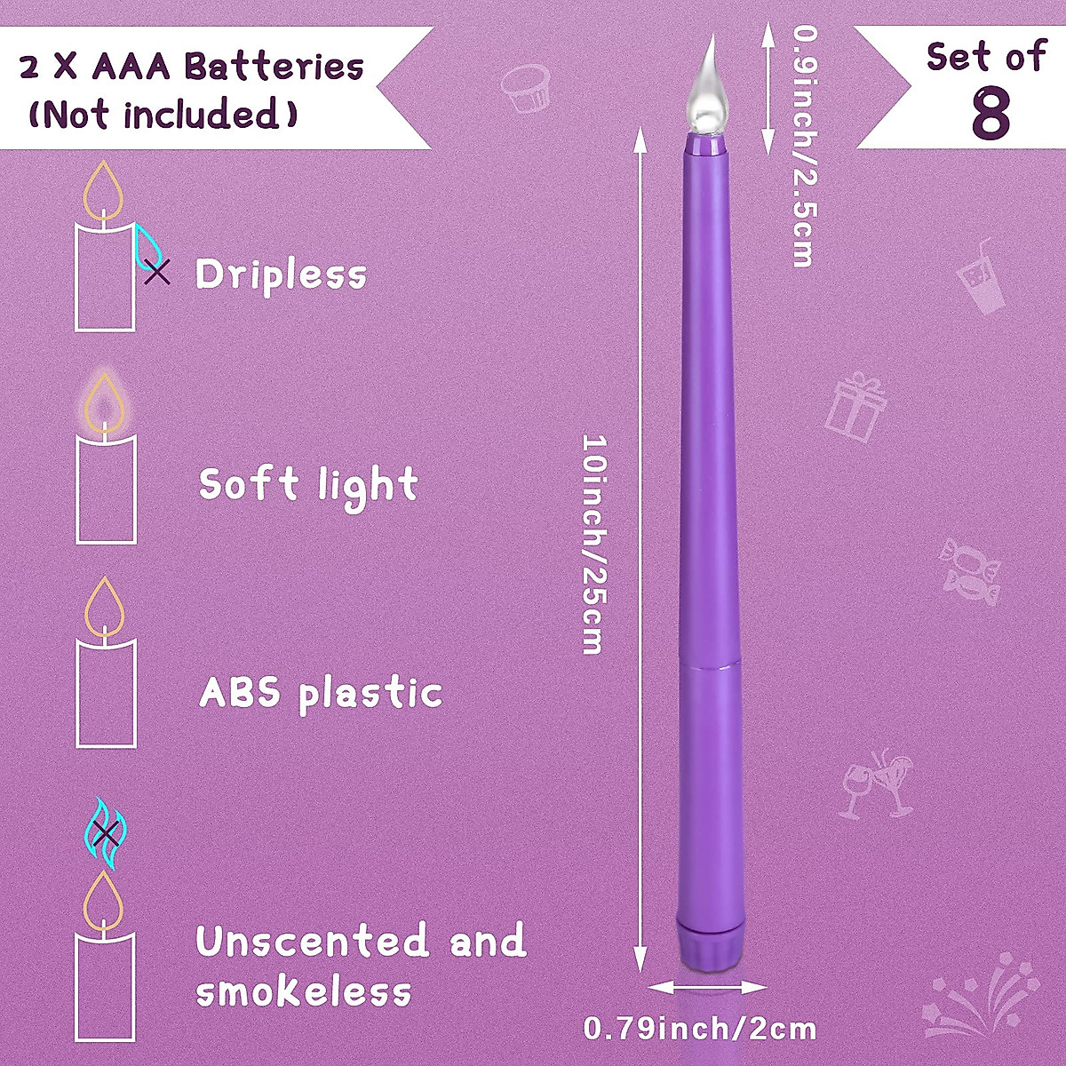 Enhon 8 Pieces Flameless Candles 10 Inch Flameless Taper Candles LED Candles Battery Operated Flickering Candles for Wedding Christmas Dinner Church Spell Holiday Advent Rituals(Purple)