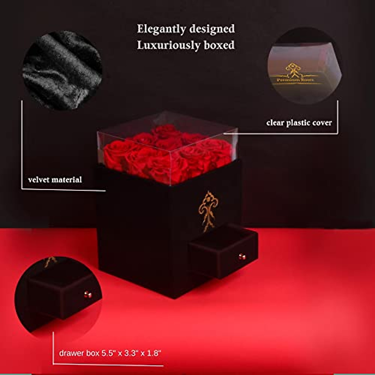 Mothers Day Flowers | Premium Roses | Fresh Flowers for Delivery Prime That Last 365 Days | Red Roses in a Box Naturally Preserved | Flowers for Mothers Day, Birthdays and Any Ocation (Black Box, Small)