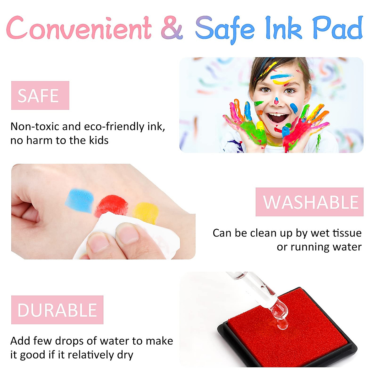 Fstaor 20 Colors Washable Ink Pads for Kids Rubber Stamps, Finger Print Crafts Stamp Pad for Kids, Paper, Scrapbooking, Fabric,Wood (Pack of 20)