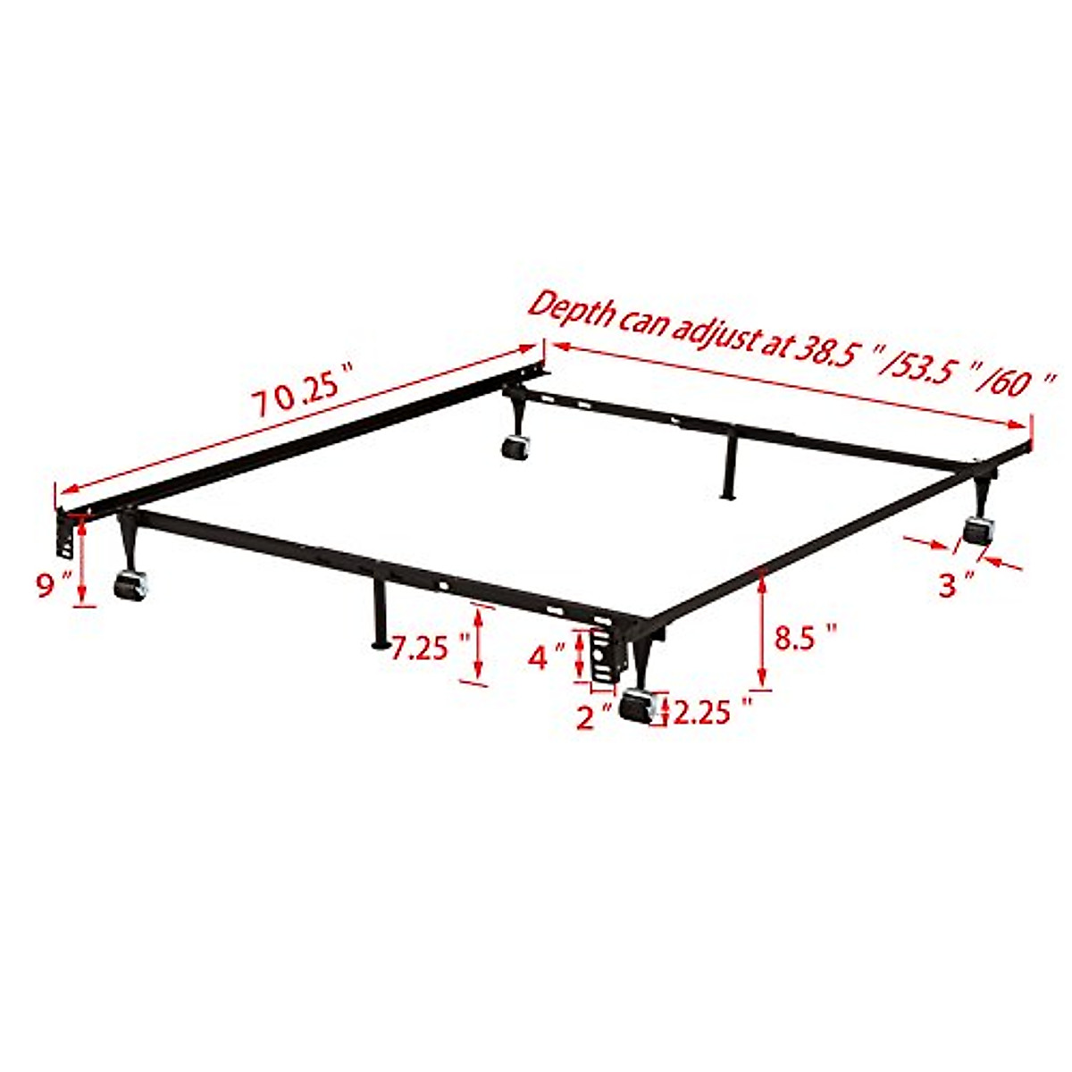 KB Designs - 6-Leg Adjustable Metal Queen, Full, Full XL, Twin, Twin XL, Bed Frame with Rug Rollers & Locking Wheels