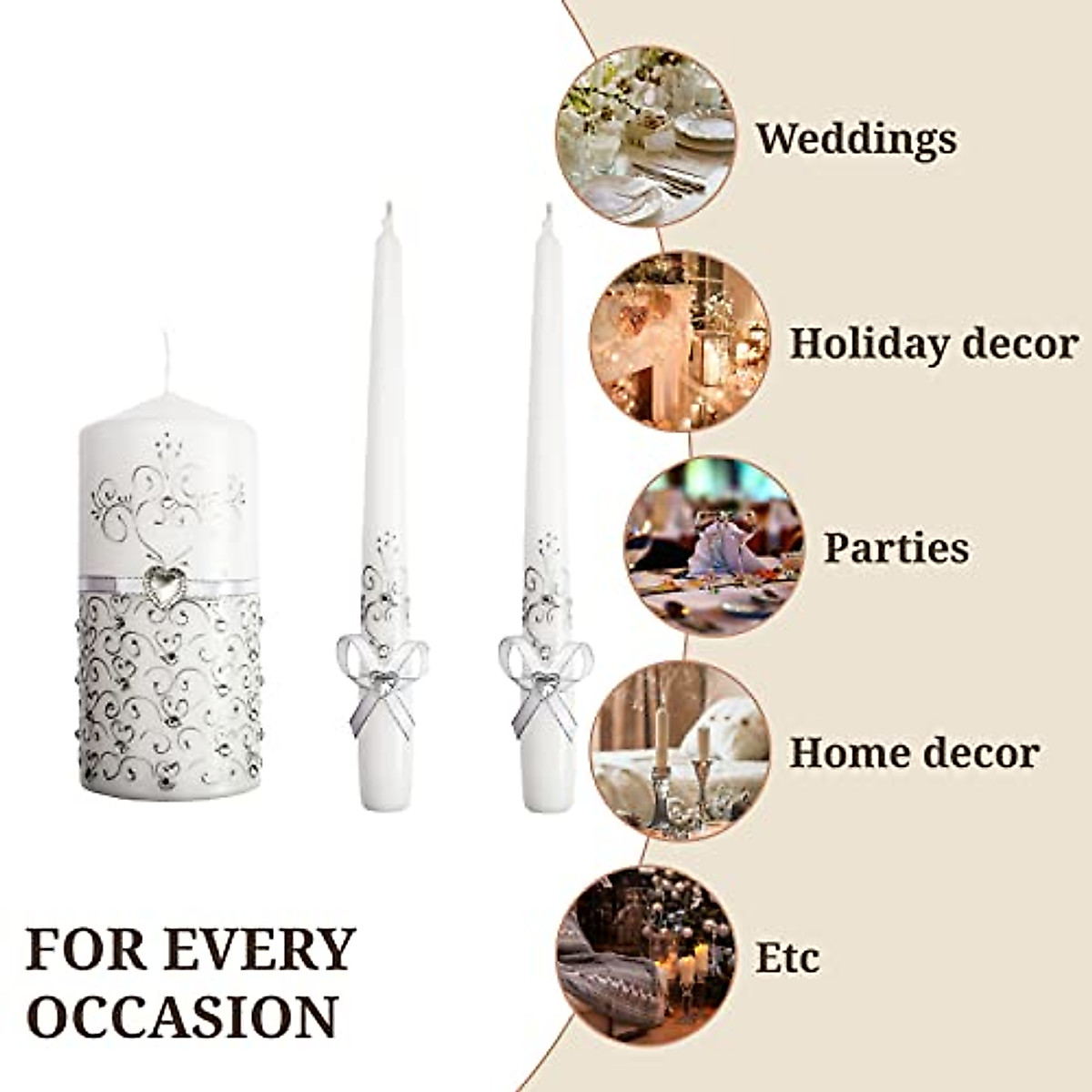 Unity Candles for Wedding Ceremony Set - 3 Pcs 6" Pillar & 2 10" Tapers Candles - Unity Decorative Wedding Candle White Ceremonial Candles - Wedding Table Centerpiece - Velas Decorativas para Boda