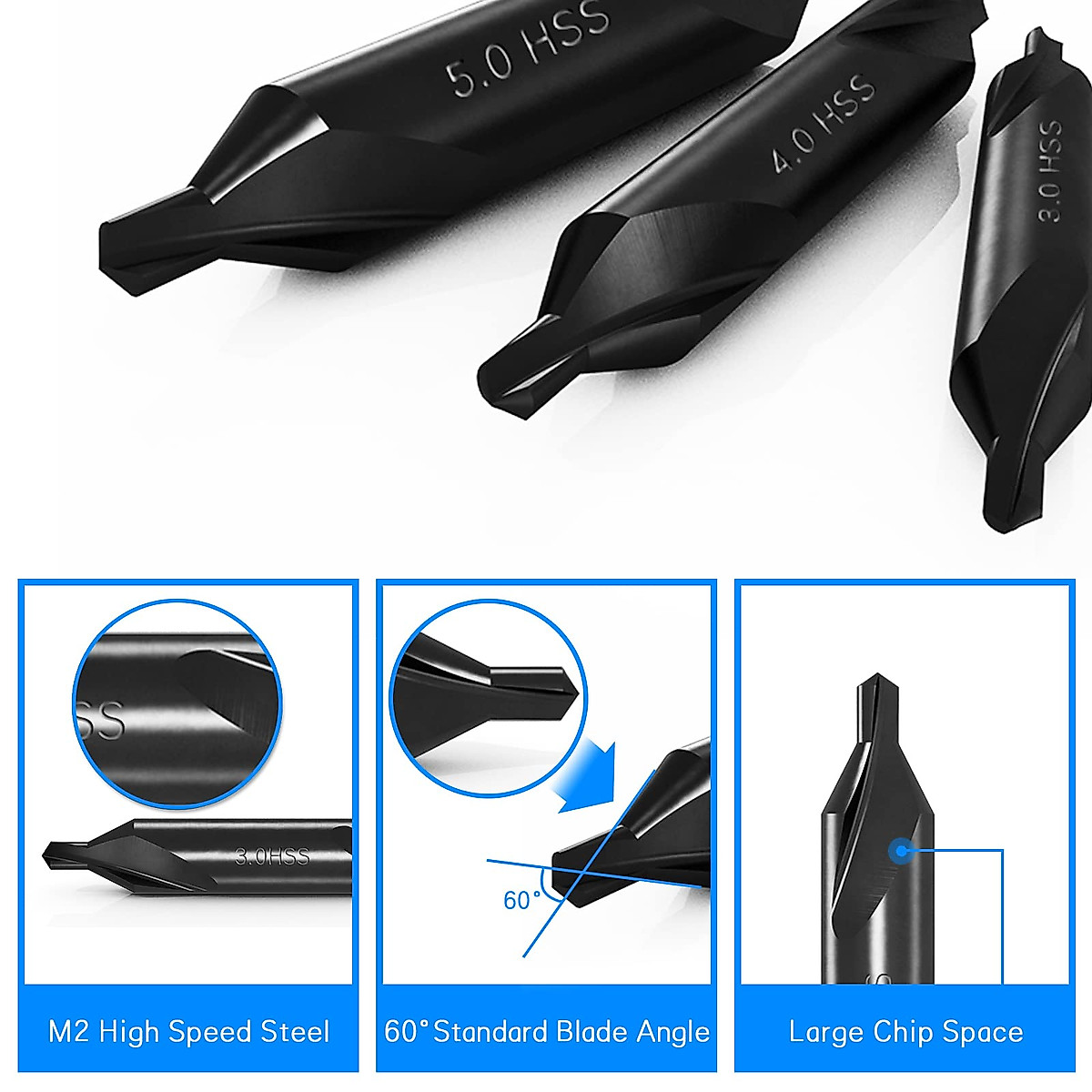 7 Packs Center Drill Bits Set, Black Oxide Coating M2 High Speed Steel Center Drill Bits Kit 60 Degree Angle Countersink Bit Tool for Lathe Metalworking Size 1.0 1.5 2.0 2.5 3.0 4.0 5.0 with Case
