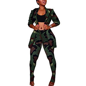 2 Piece Outfits for Women Camouflage Print Long Sleeve Blazer and Skinny Long Pants Set Clubwear