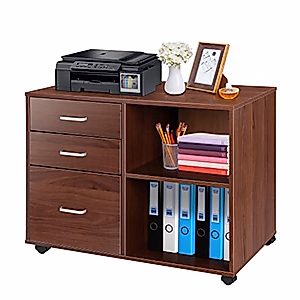 SUPER DEAL File Cabinet Bookshelf Combo 3 Drawer Wood File Cabinet with Lock Mobile Lateral Filing Cabinet Printer Stand with Open Storage Shelves Fits A4 or Letter Size for Home Office, Brown