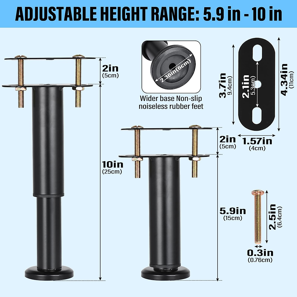 RealPlus 2pcs Adjustable Bed Frame Support Legs, Heavy Duty Metal Bed Center Slat Support Legs with Wider Base (5.9"-10")