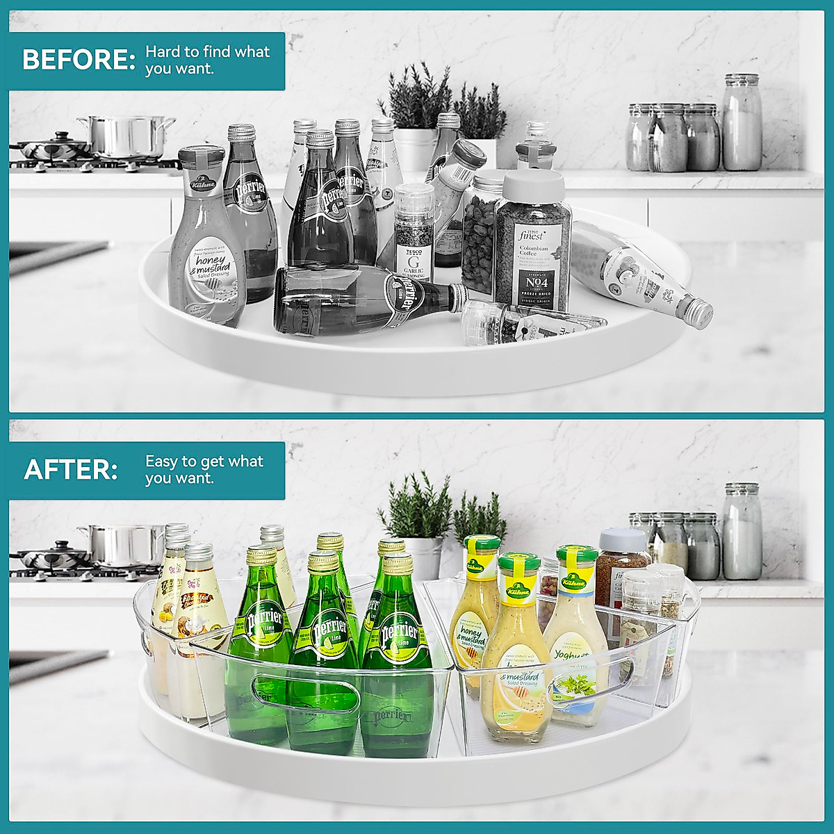 Oubonun Lazy Susan Organizers Set of 6, 10.2”x 9.4”x 4” Plastic Transparent Kitchen Cabinet Storage Bins with Handle, 4" Deep Container, 1/8 Wedge - Food Safe, BPA Free