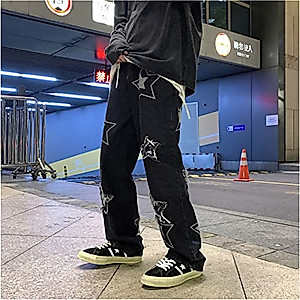 Y2K Baggy Jeans Mens Straight Wide Leg Vintage Denim Pants Black Hip Hop Patchwork Trousers