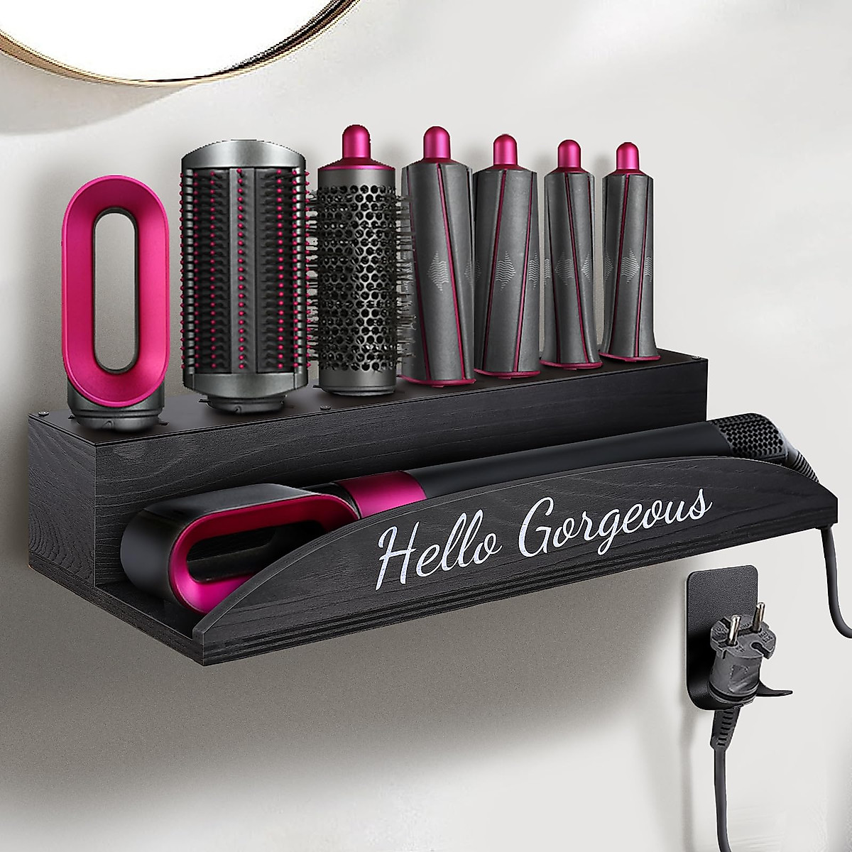 MISTOD Storage Holder for Airwrap Curling Iron Wall Mounted, Rustic Hair Dryer Stand Rack Bracket Wood Hair Wrap Styler Tools Attachments Holder for Bathroom Home Organizer - Black