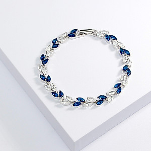 Me&Hz Blue Crystal Bracelet Silver Plated Leaf Bracelet Sapphire Birthstone Wedding Cubic Zirconia Tennis Bracelet for Women September Birthstone Bracelet Gift